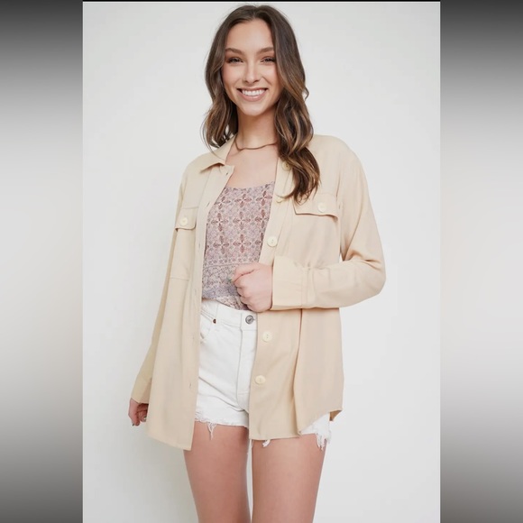 Mystree | Jackets & Coats | 7 Taupe Tencel Shacket Shirt Jacket Neutral ...